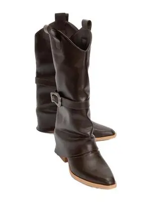 PROLOGUE SHOES Okus Buckle Block Heel Boot Brown Suede Faux Leather