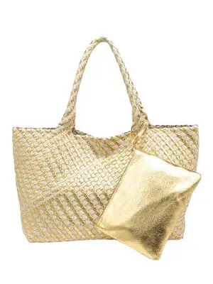 MODA LUXE Woven Vegan Leather Tote - Gold Ivory