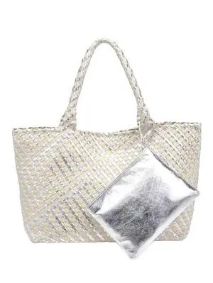 MODA LUXE Woven Vegan Leather Tote - Silver Ivory