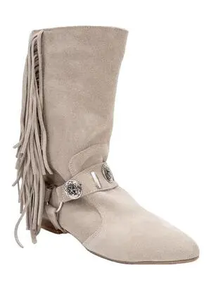 FOREVER & ALWAYS SHOES Selora Leather Buckle Western Boots Beige Suede Leather