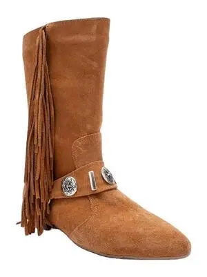 FOREVER & ALWAYS SHOES Selora Leather Buckle Western Boots Cognac Suede Leather
