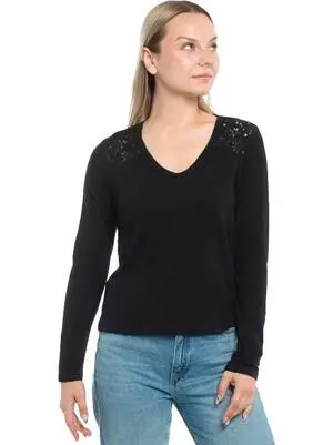 WILT CLOTHING V-neck Long Sleeve Mixed Media Tee With Lace Inset - Black