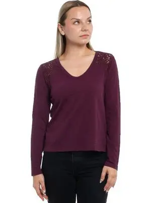 WILT CLOTHING V-neck Long Sleeve Mixed Media Tee With Lace Inset - Dark Fig