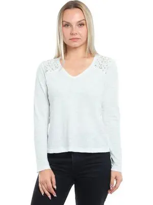 WILT CLOTHING V-neck Long Sleeve Mixed Media Tee With Lace Inset - White