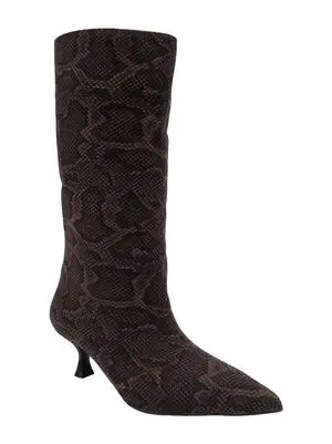 PROLOGUE SHOES Embossed Pointed-Toe Boots Brown Pattern Faux Leather