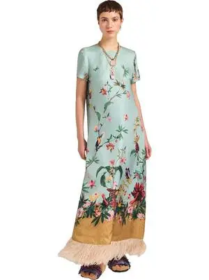 La DoubleJ Swing Feather-trimmed Silk Twill Dress - Zooflora Panel Light Blue