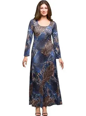 24SEVEN COMFORT APPAREL Animal Print Long Sleeve Maxi Dress - Blue Multi