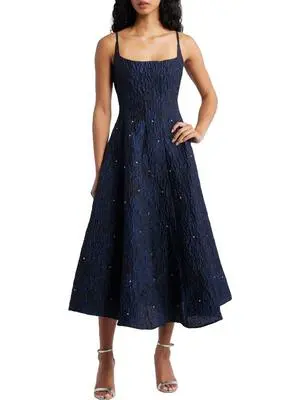 SISTER JANE Maison Crystal Detail Floral Jacquard Cocktail Dress - Navy