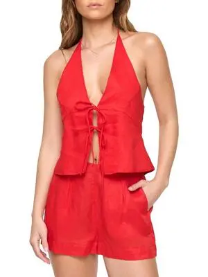 L*Space LSPACE April Tie Front Halter Linen Cover-Up Top Flame
