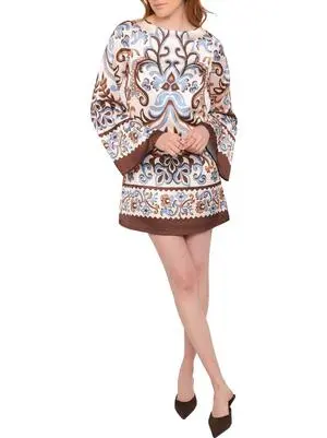 PETAL & PUP Printed Bell Sleeve Satin Mini Dress - Ivory Brown Blue
