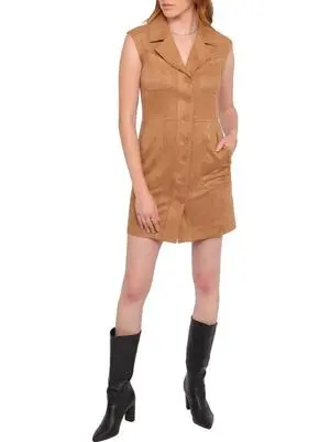 PETAL & PUP Sleeveless Faux Suede Mini Shirt Dress - Camel