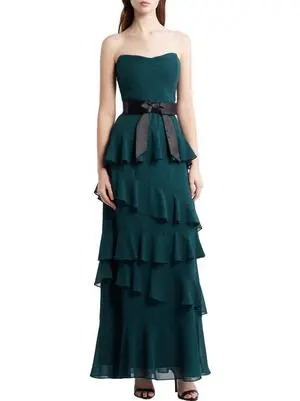 Lulus Amalia Strapless Ruffle Tiered Gown - Emerald