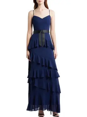 Lulus Beth Tiered Ruffle Gown - Navy