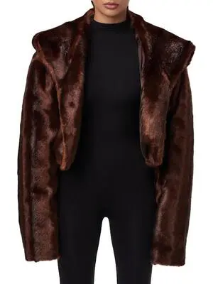 Naked Wardrobe Hooded Faux Fur Crop Jacket - Chocolate