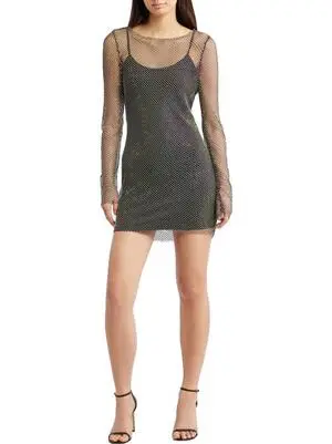 JUMP APPAREL Beaded Mesh Mini Dress - Black