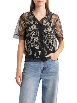 The Great. The Cotillion Embroidered Tulle Short Sleeve Button-up Shirt - Brocade Floral