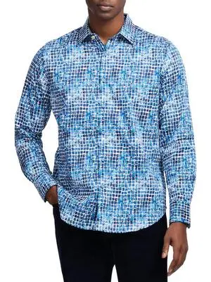 Robert Graham Hester Tile Print Stretch Cotton Button-up Shirt - Blue