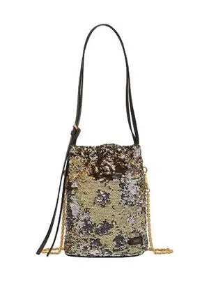 Mcm Sequin Drawstring Bucket Bag - Gold