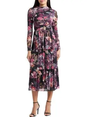 Anne Klein Floral Print Long Sleeve Dress - Anne Black Multi