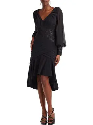 Tadashi Shoji Sequin Lace Detail High-low Cocktail Dress - Black