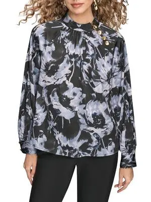 Donna Karan New York Floral Long Sleeve Top - Black Temp