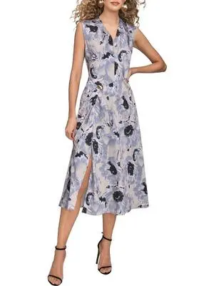 Donna Karan New York Floral Cap-sleeve Fit & Flare Midi Dress - Blue Temp