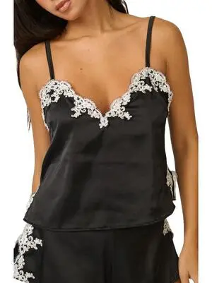 KAT THE LABEL Lace Trim Stretch-satin Camisole - Black