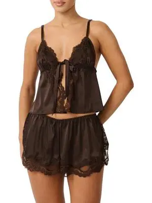 KAT THE LABEL Madeline Tie Front Satin Camisole - Espresso