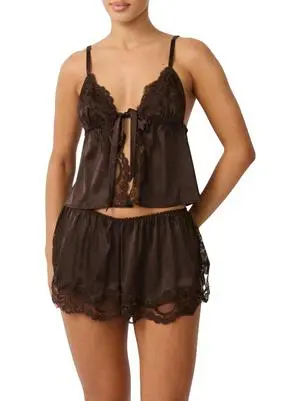 KAT THE LABEL Lace Trim Satin Tap Shorts - Espresso