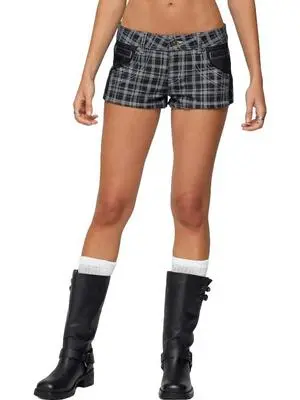 EDIKTED Plaid Denim Shorts - Black Multi