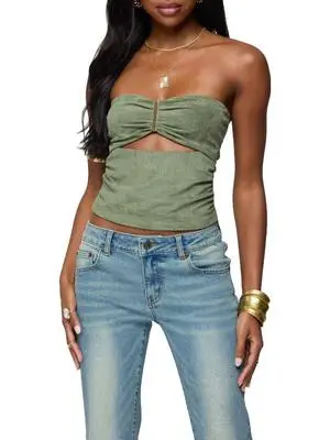 EDIKTED Cutout Faux Suede Strapless Top - Olive