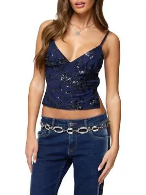 EDIKTED Sequin Flower Open Back Camisole - Navy