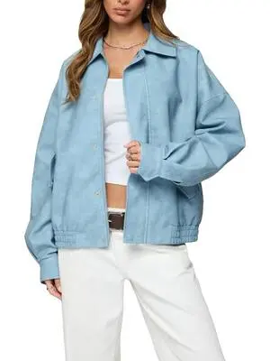 EDIKTED Oversized Faux Leather Jacket - Light-blue-washed