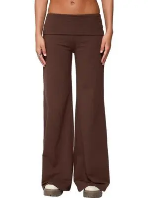 EDIKTED Wide Leg Fold-over Pants - Brown