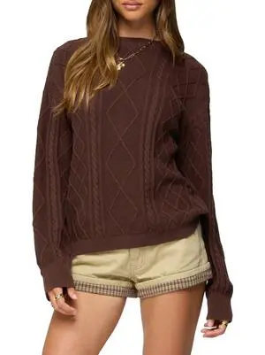 EDIKTED Oversized Cable Stitch Cotton Sweater - Brown