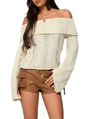 EDIKTED Distressed Foldover Off-the-shoulder Sweater - Cream