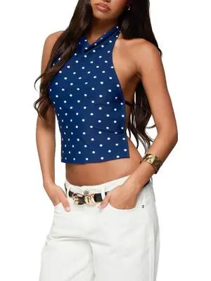 EDIKTED Polka Dot Open Back Halter Top - Navy
