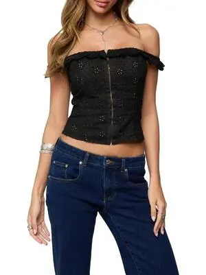 EDIKTED Jordana Ruffle Eyelet Crop Top - Black