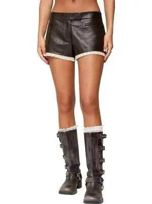 EDIKTED Faux Leather Shorts With Lace Trim - Dark-brown