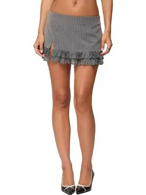 EDIKTED Low-rise Pinstripe Mini Skirt With Lace Trim - Dark-gray