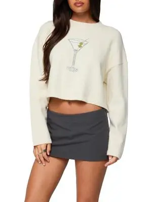 EDIKTED Martini Club Cropped Crewneck Sweater - Cream