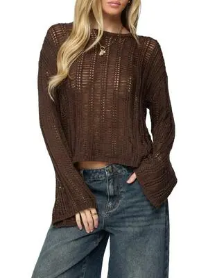 EDIKTED Jaide Sheer Ladder Open Stitch Sweater - Brown