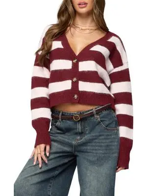 EDIKTED Kaz Stripe V-neck Cardigan - Burgundy