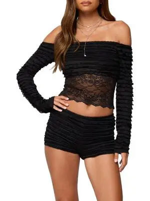 EDIKTED Ruffle Lace Off-the-shoulder Top - Black