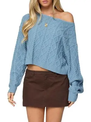 EDIKTED Cable Knit Off-the-shoulder Sweater - Blue