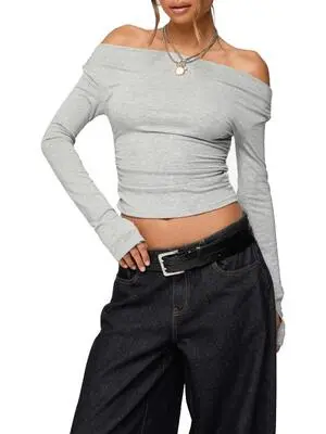 EDIKTED Milane Ruched Off-the-shoulder Crop Top - Gray-melange