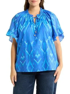 SUGARLIPS Carys Print Tie Neck Top - Blues-multi