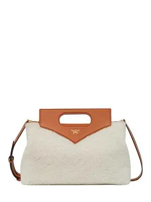 Mcm Shearling And Leather Shoulder Bag - White