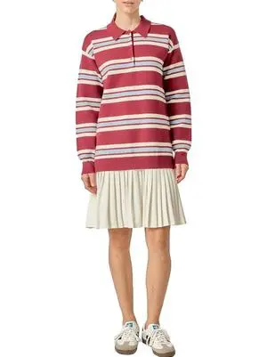 English Factory Stripe Long Sleeve Mixed Media Dress - Multi
