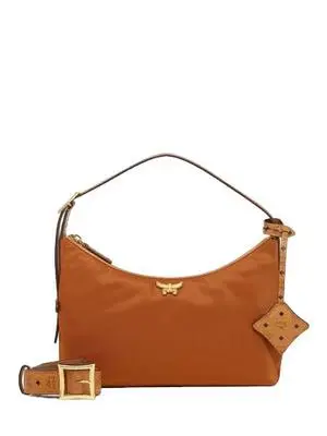 Mcm Aren Hobo In Recycled Nylon And Leather - Cognac